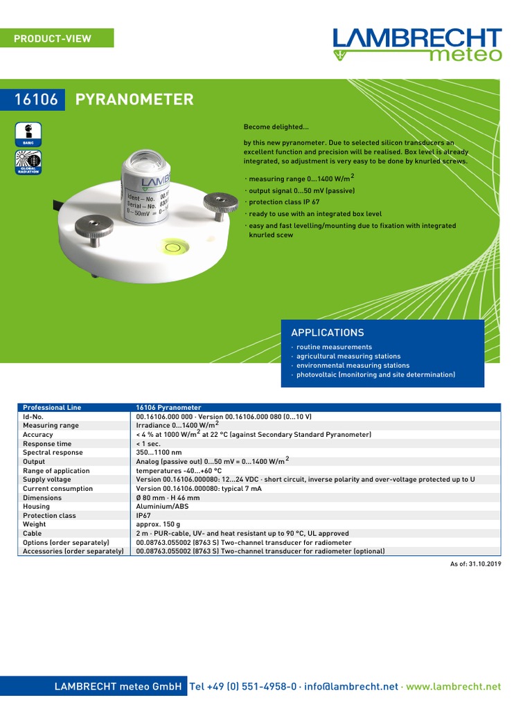 Pyranometer Datasheet | PDF | Electrical Components | Equipment