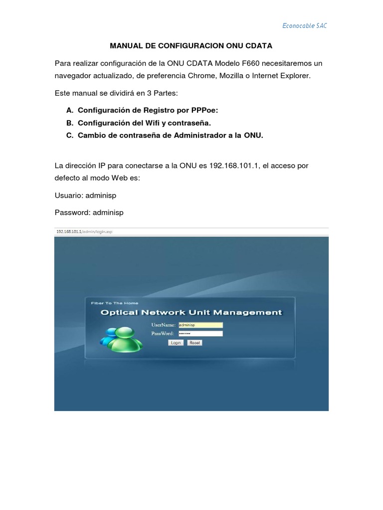MANUAL DE CONFIGURACION ONU CDATA MODELO FD600 - Vlan50 PDF | PDF | Contraseña | Protocolos de red
