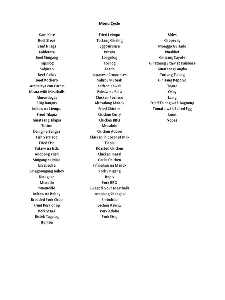 Filipino Restaurant Cycle Menu | PDF