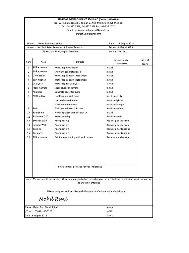 Defect Complaint Form PDF | PDF | Bathroom | Buildings And Structures