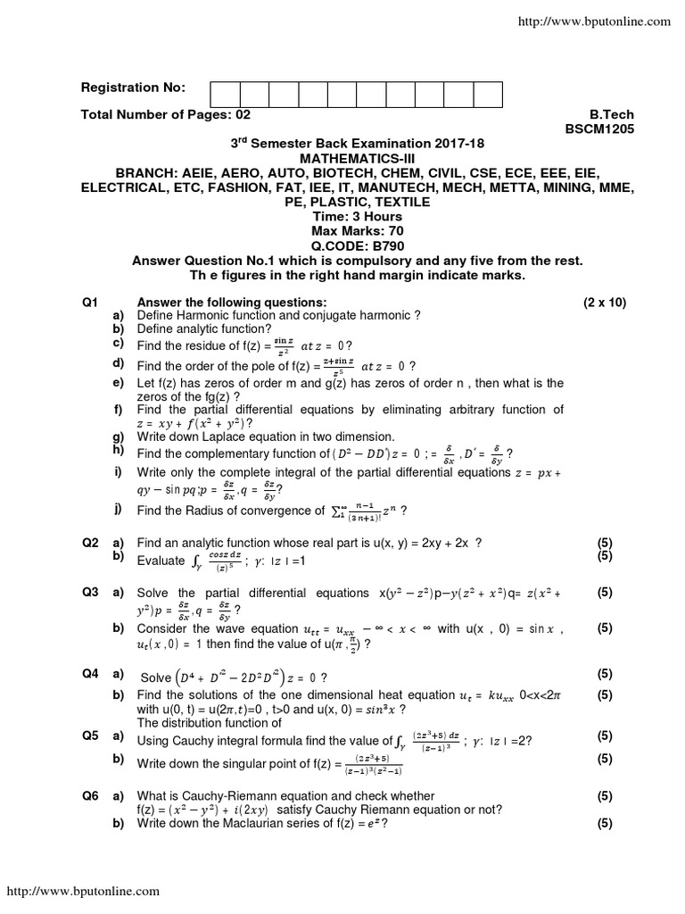 B.Tech 3rd Sem Mathematics-III Exam Paper | PDF | Calculus ...