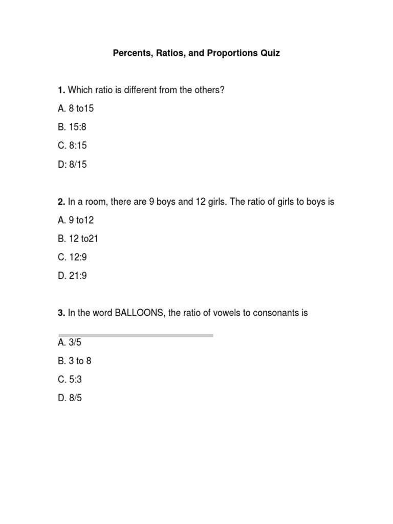 Percents Ratios Proportions Quiz | PDF