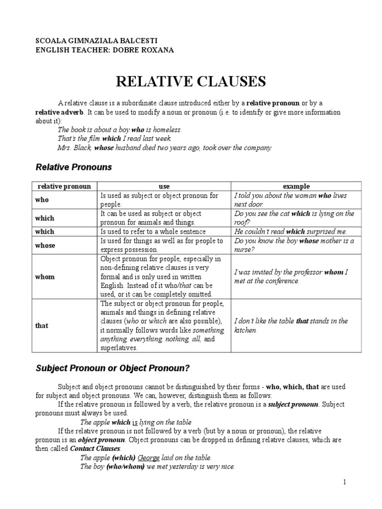 Relative Clauses | PDF | Subject (Grammar) | Pronoun