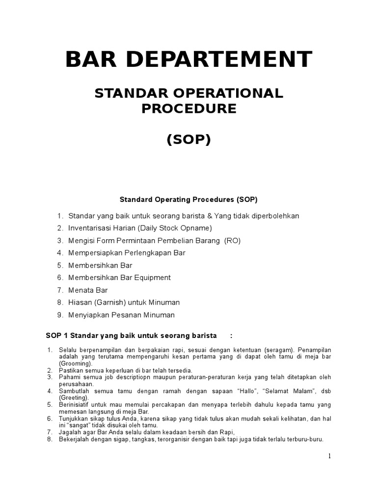 SOP Karyawan Bar dan Barista Cafe | PDF | Griya & Taman