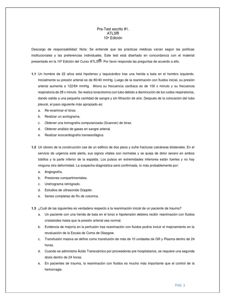 Atls 10 Pre-Test | PDF | Presión sanguínea | Reanimación cardiopulmonar