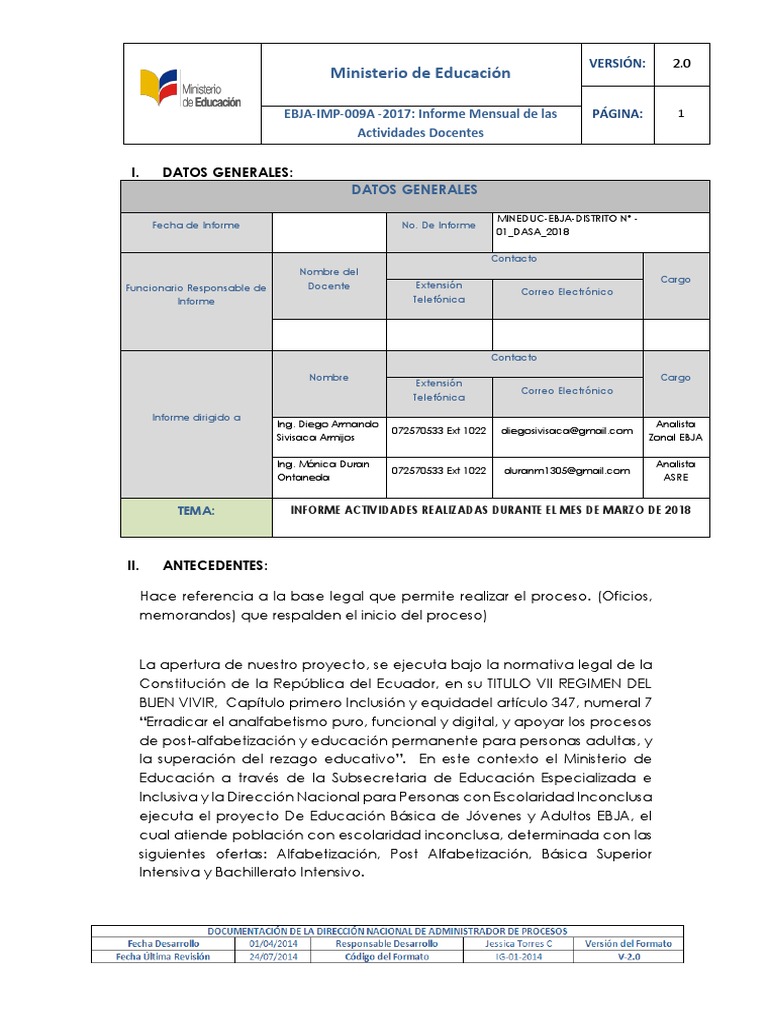 Formato Informe Mensual de Actividades Docente | PDF | Evaluación ...