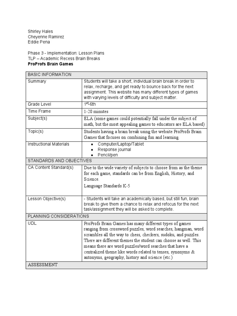 Brain Break Games for Grades 1-6 | PDF | Lesson Plan | Learning