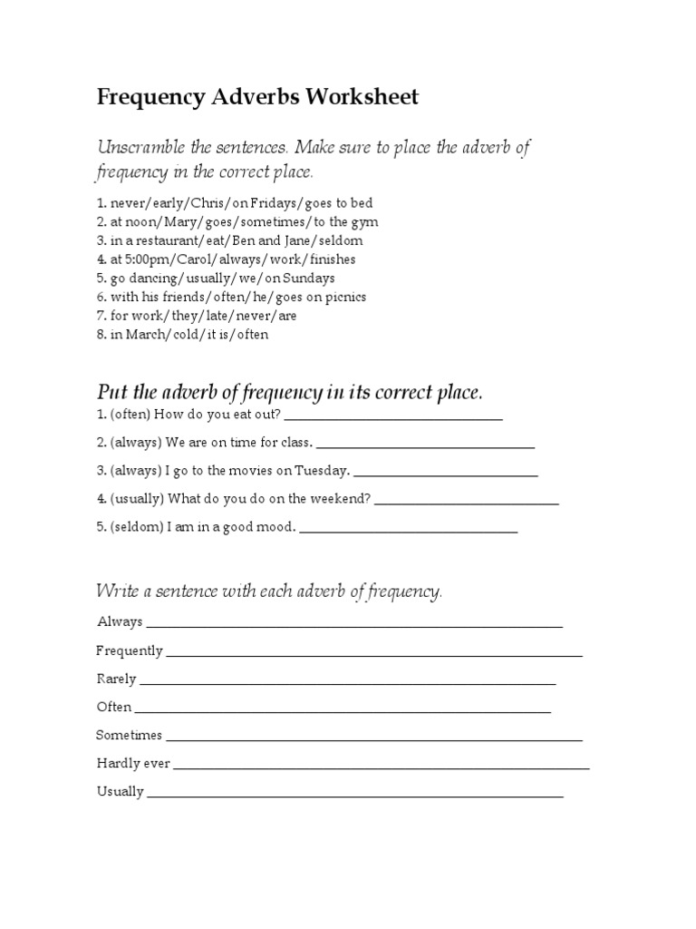 Frequency Adverbs Practice Worksheet | PDF