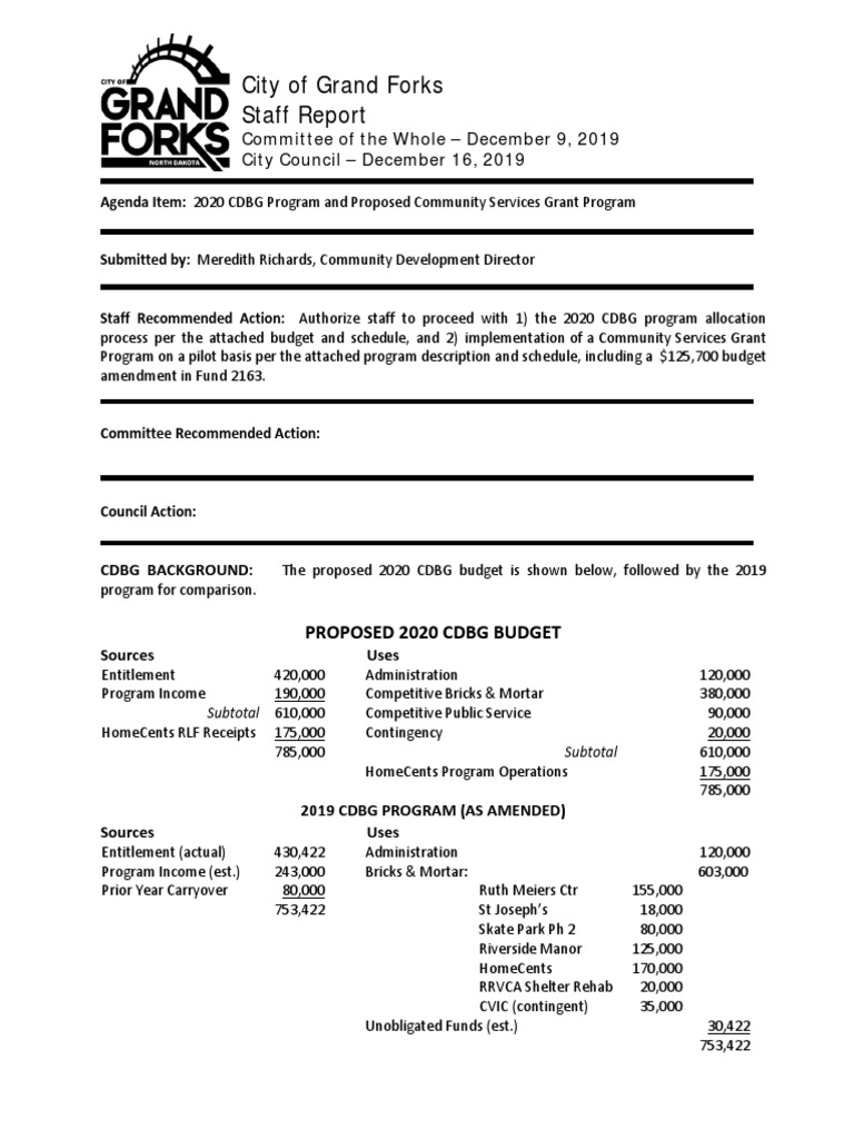 Dec. 9 CDBG 2020 Budget and Community Services Grant Pilot Proposal ...