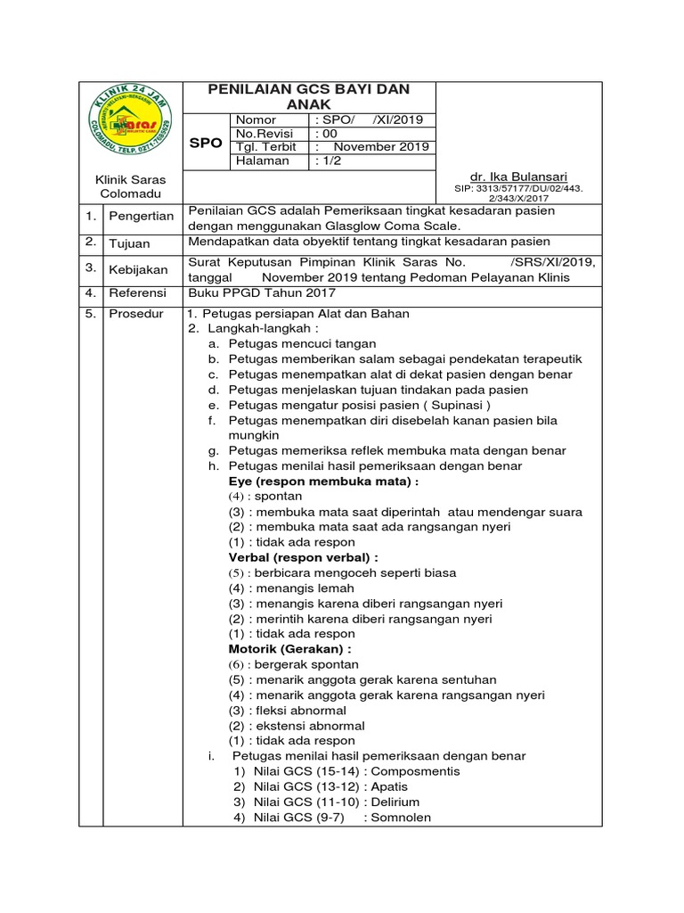 Sop Penilaian Gcs Anak Rev | PDF