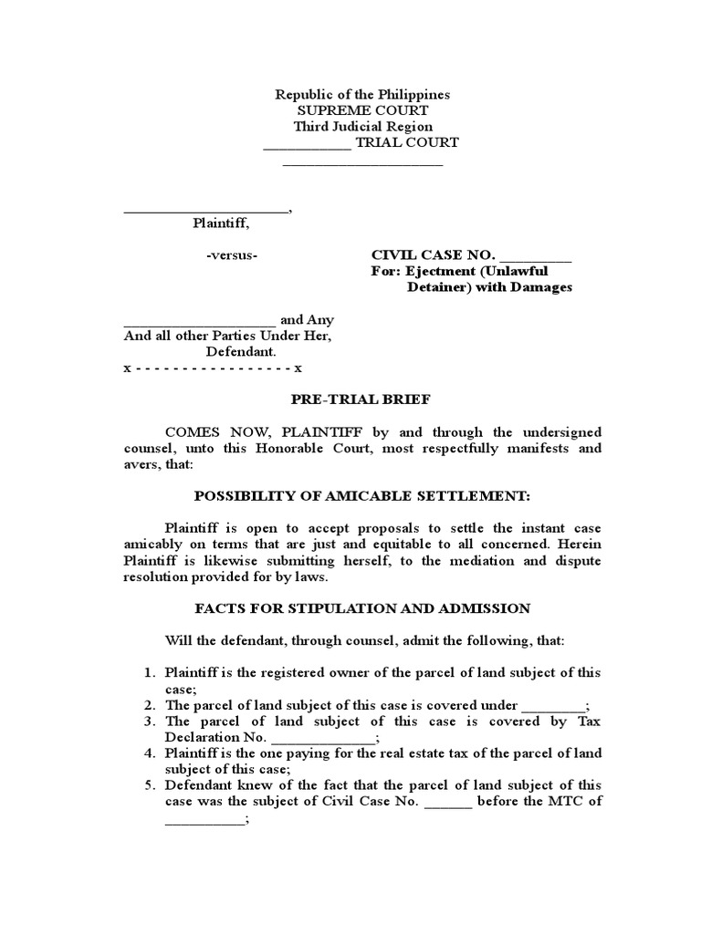 Ejectment Case Pre-Trial Brief | PDF | Discovery (Law) | Real Property