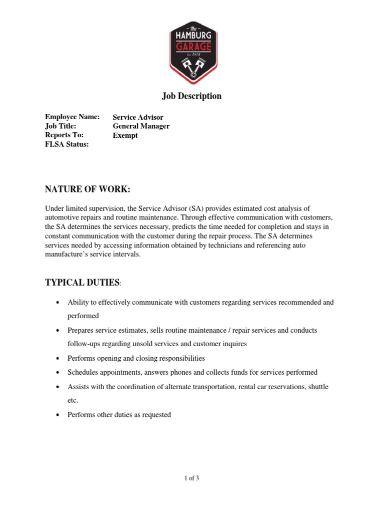 Service Advisor Job Description1 | PDF | Employment | Goal