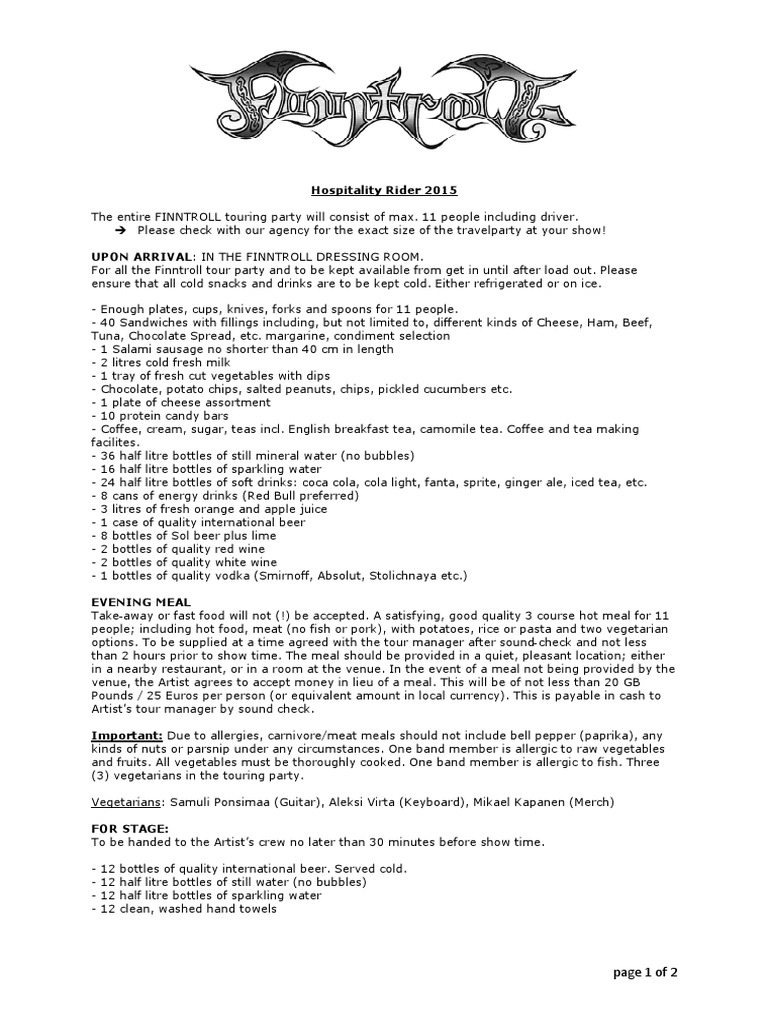Finntroll Hospitality Rider 2015 PDF | PDF | Drink | Cooking