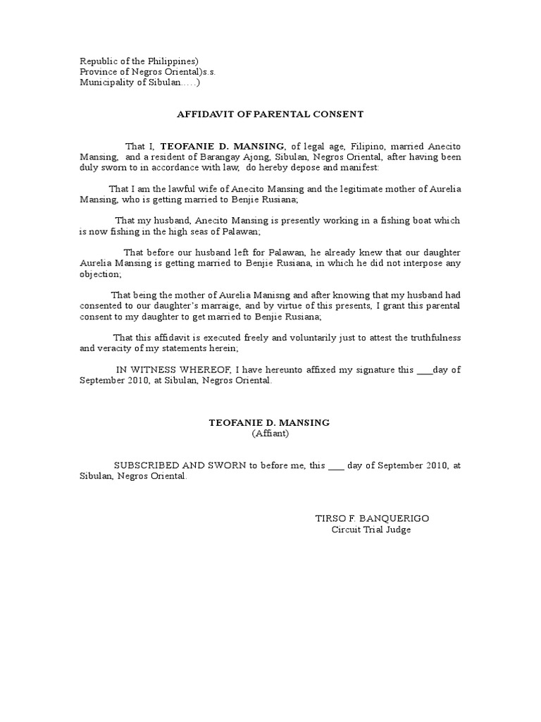 Affidavit - Parental Consent (For Marriage) | PDF