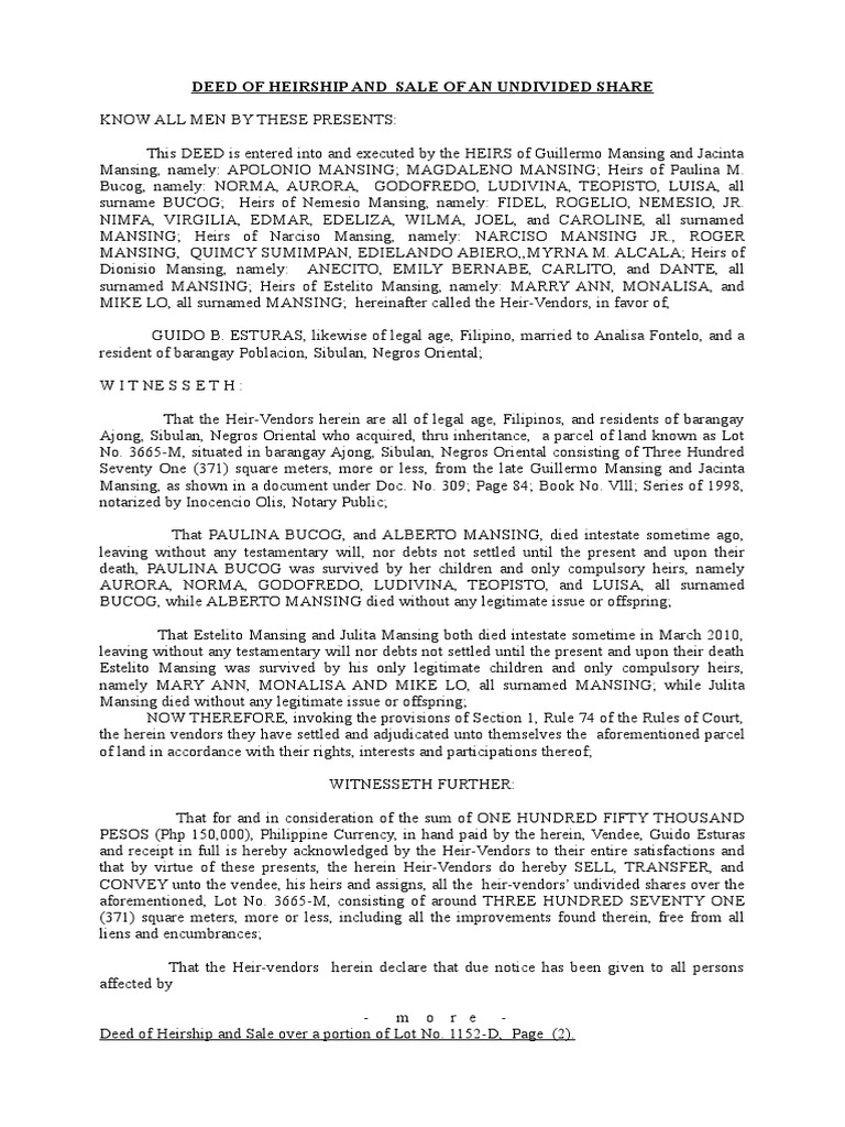 Deed of Heirship and Sale of An Undivided Share - Diputado | PDF ...