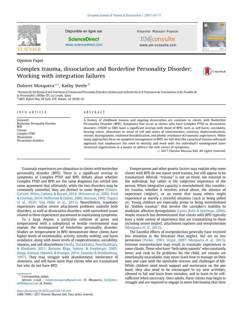 Complex Trauma Dissociation and Borderline Person 2017 European Journal ...