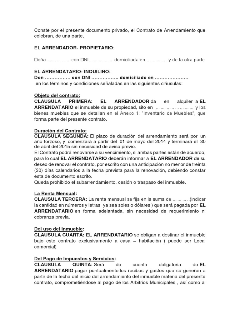 Modelo de Cont. Arrendamiento | PDF | Alquiler | Propiedad