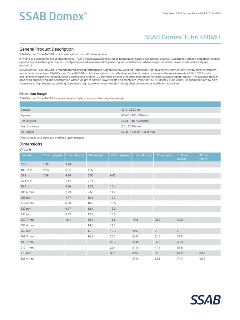Data Sheet SSAB Domex Tube 460MH 2017-04-25 PDF | PDF | Pipe (Fluid ...