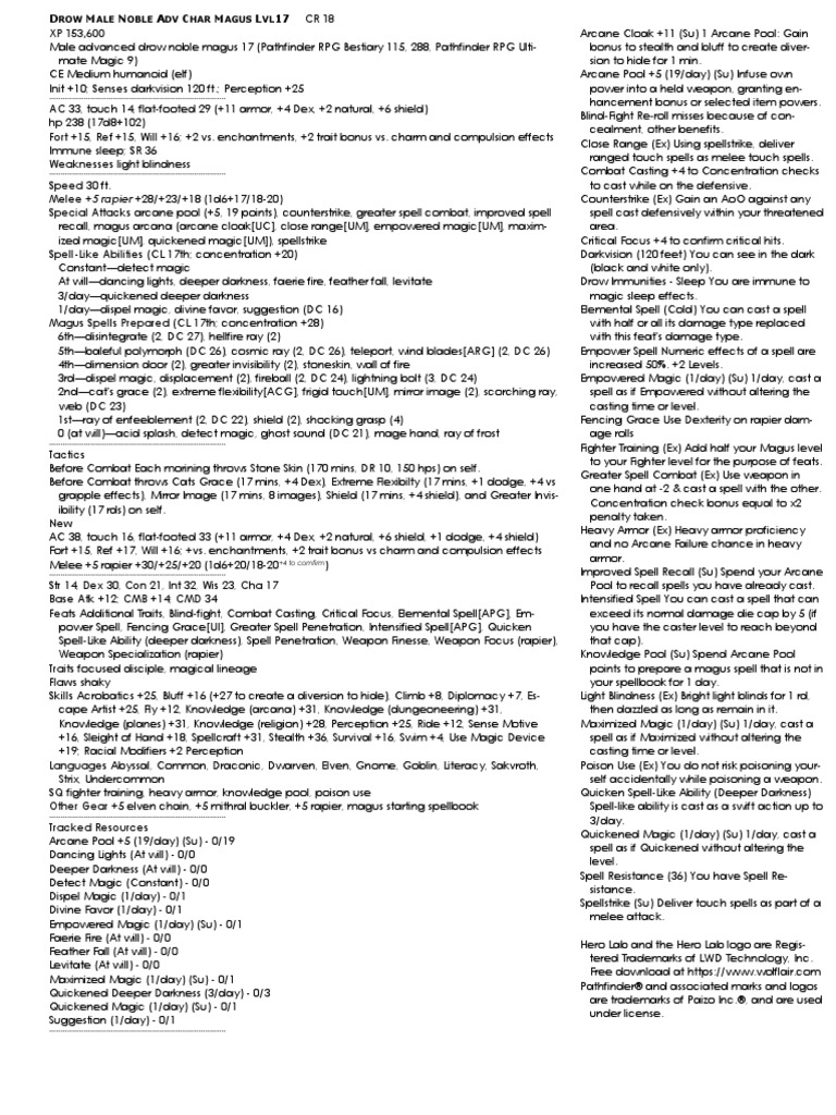 Drow Male NPC Adv Char Magus Lvl17 CR 17 | PDF | Tsr (Company) Games ...