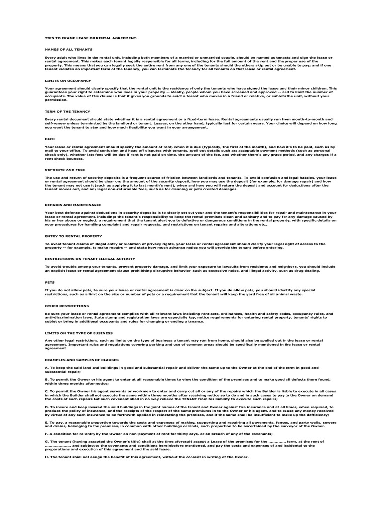 Tips To Frame Lease or Rental Agreement | PDF | Lease | Leasehold Estate
