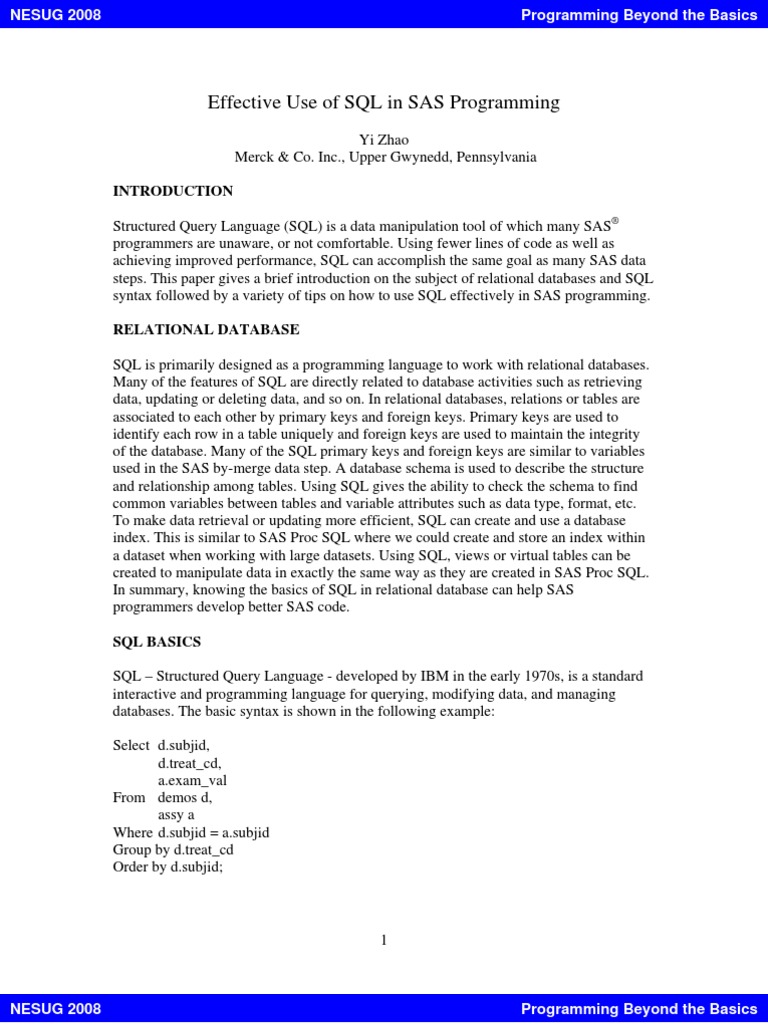 Sas SQL | PDF | Sql | Relational Database