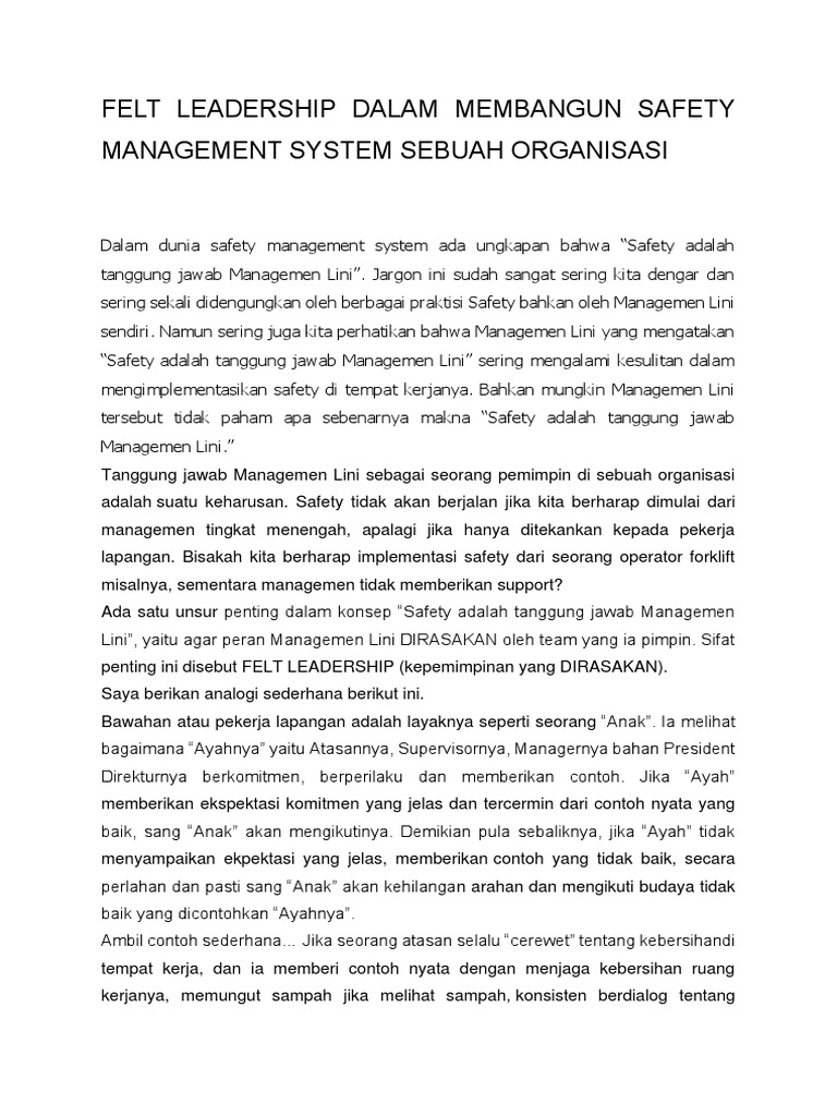 Felt Leadership Dalam Membangun Safety Management System Sebuah ...