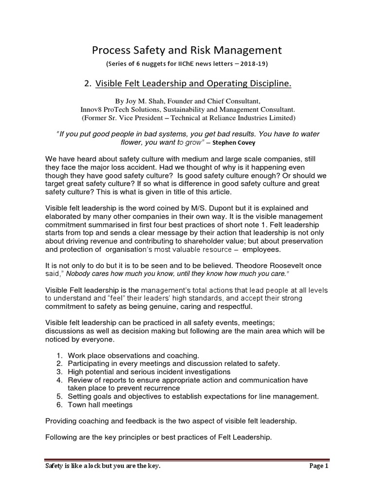 Visible Felt Leadership and Operating Discipline | PDF | Leadership | Risk