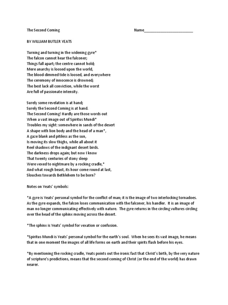 Yeats - The Second Coming Questions | PDF | W. B. Yeats | Poetry