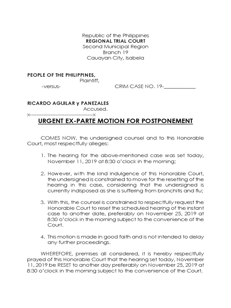 Motion to Postpone Hearing for Aguilar | PDF | Legal Procedure | Common Law