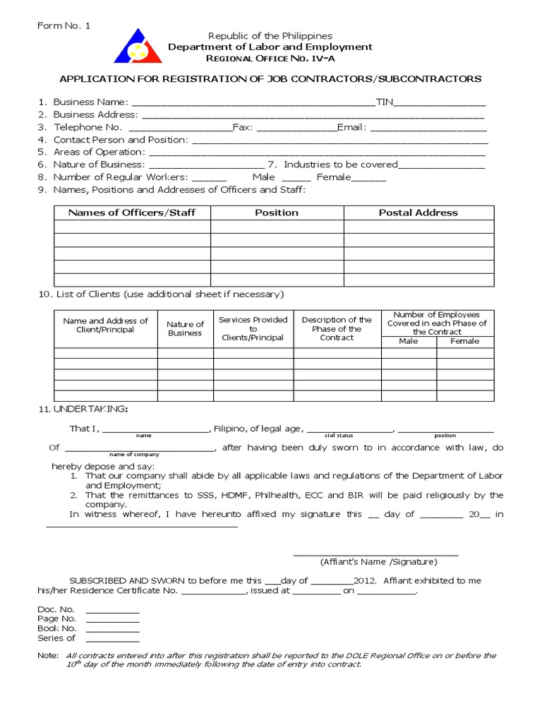 Application For Registration of Job Contractors-Subcontractors PDF ...