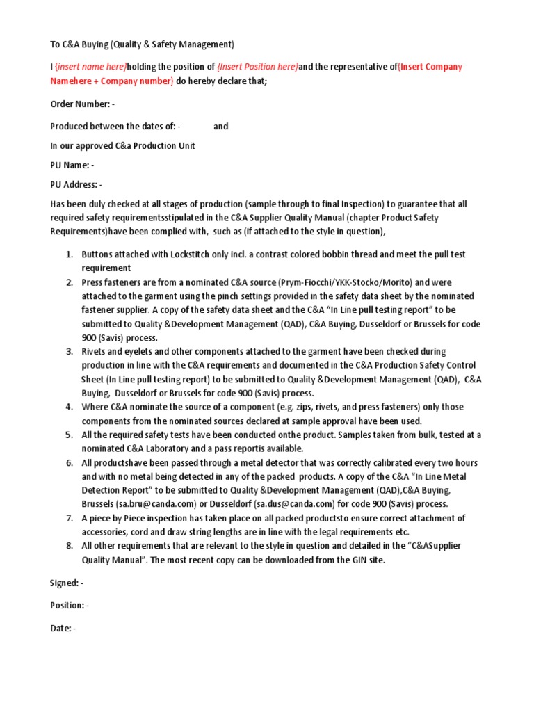C&A Safety Declaration Sample 061216 | PDF | Business
