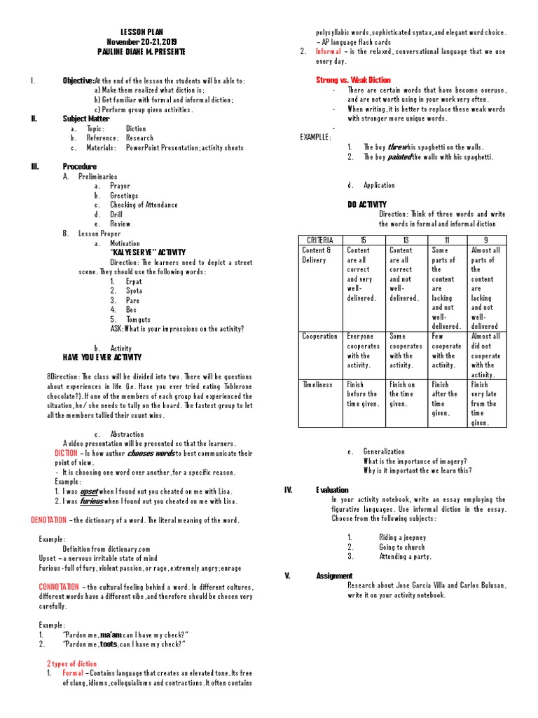 Diction Lesson Plan for Primary Students | PDF | Lesson Plan | Linguistics