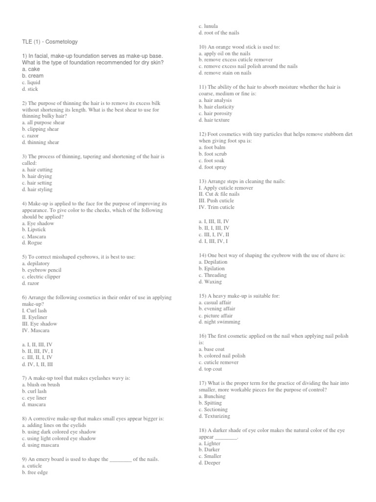 Cosmetology Practice Exam: Questions on Facial Makeup, Hair, Nails, and ...