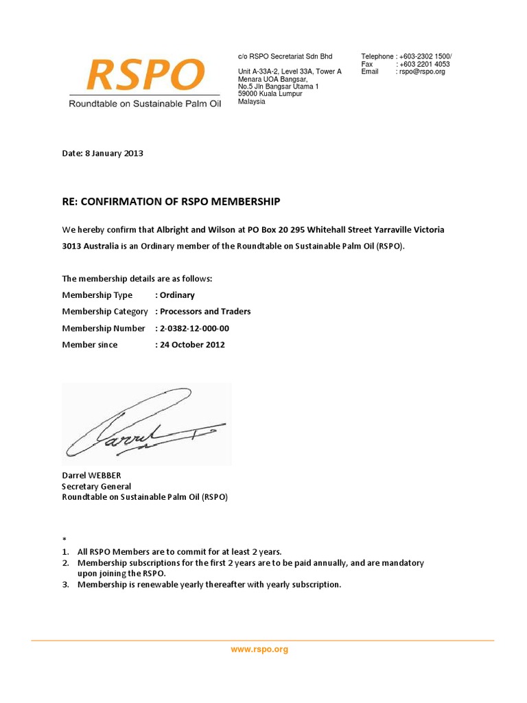 RSPO Membership Confirmation Letter Albright and Wilson Australia L | PDF