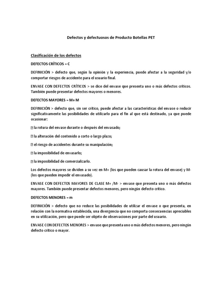Defectos y Defectuosos de Producto Botellas PET | PDF | Botella | El ...
