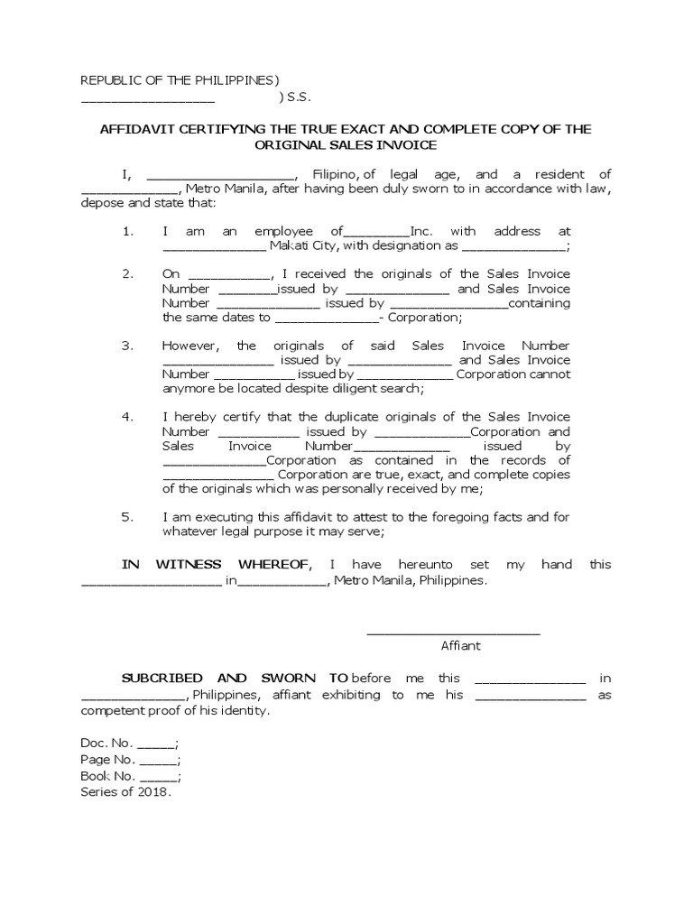 Affidavit Certifying The True Exact and Complete Copy of The Original ...