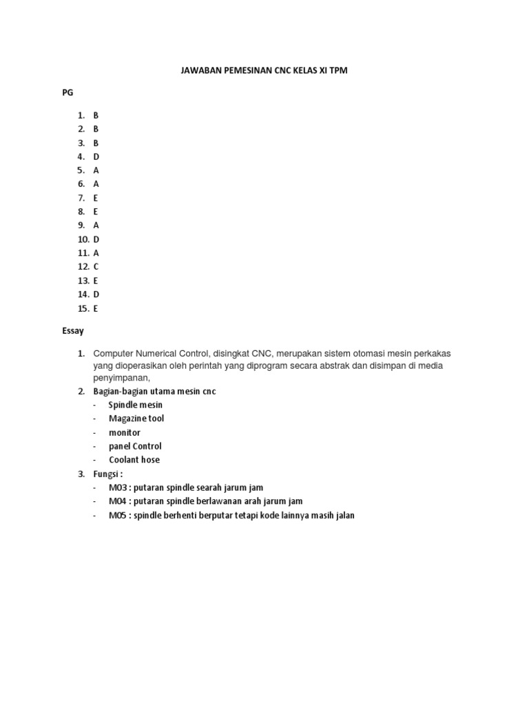 Jawaban Pemesinan CNC Kelas Xi TPM | PDF