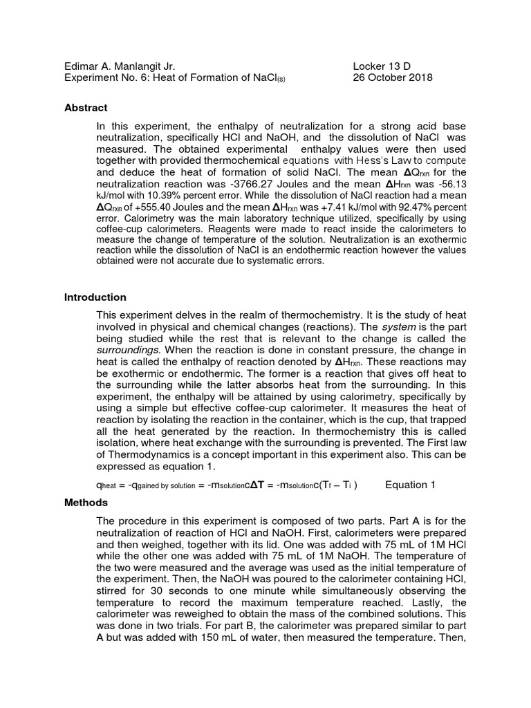 Heat of Formation of NaCl Study | PDF | Enthalpy | Thermodynamics