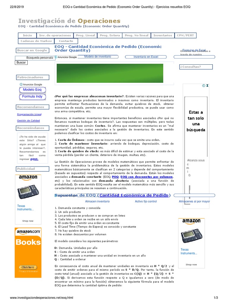 EOQ o Cantidad Económica de Pedido (Economic Order Quantity) - Ejercicios Resueltos EOQ | PDF ...