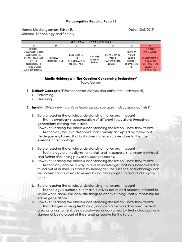 Metacognitive Reading Report | PDF | Cognitive Science | Technology ...
