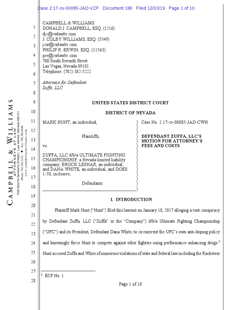 Zuffa's Motion For Attorney Fees and Costs | PDF | Attorney's Fee | Lawsuit