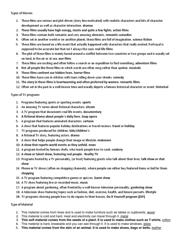 Types of Movies and TV Programs Definitions | PDF | Performing Arts ...