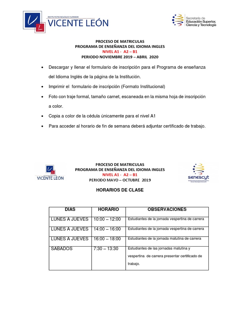 Matrícula Programa Inglés A1-B1 2019-2020 | PDF