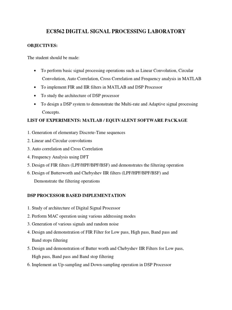 EC8562 DIGITAL SIGNAL PROCESSING LAB Syllabus | PDF