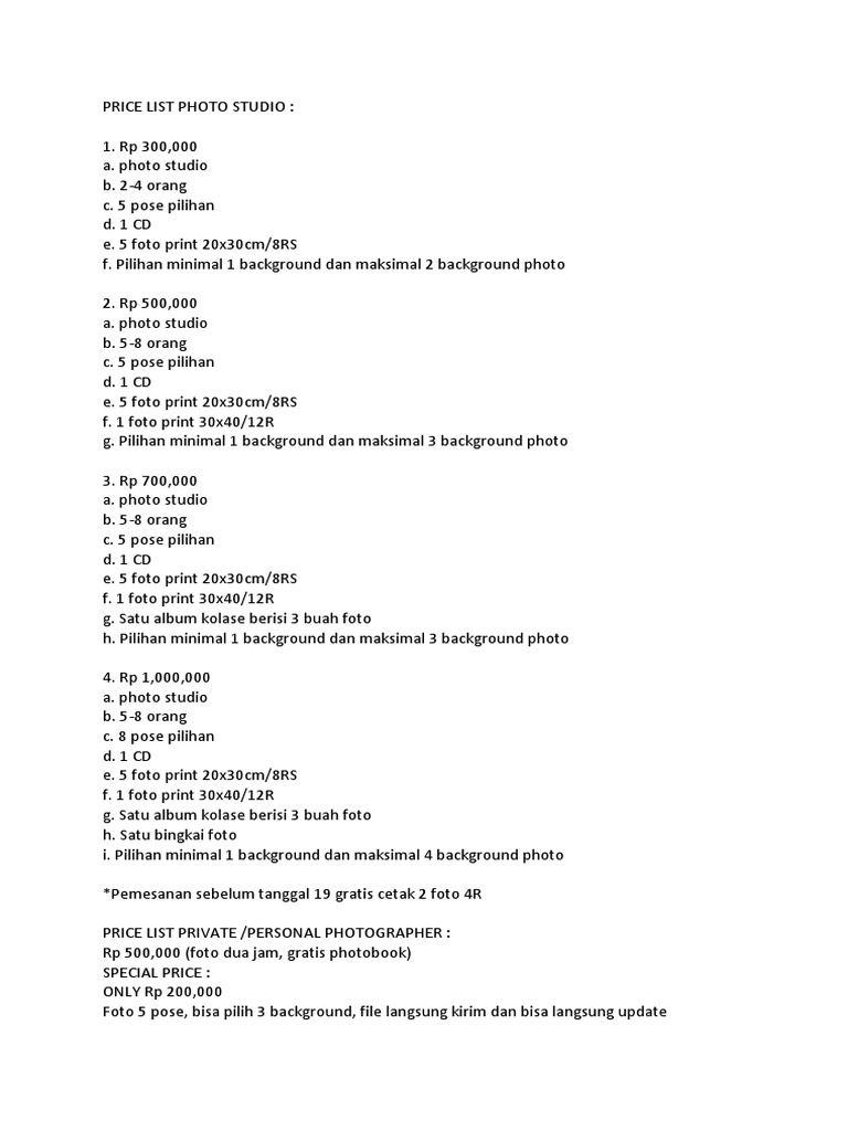 Price List Photo Studio | PDF