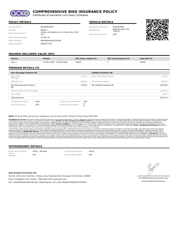 Acko Bike Policy DBCR0001091133300 | Vehicle Insurance | Insurance