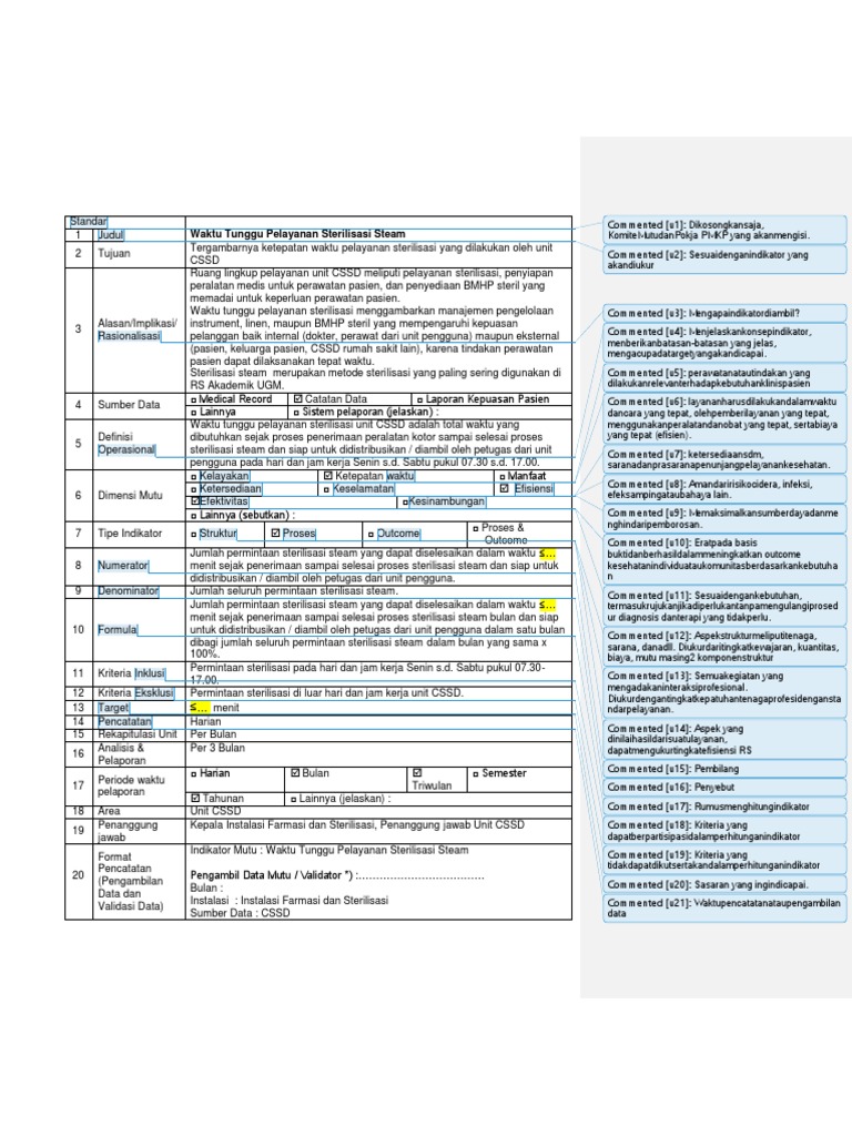 Kertas Kerja Workshop Indikator Mutu CSSD | PDF