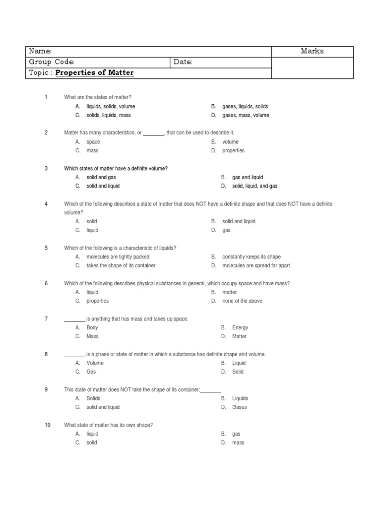 Properties of Matter Quiz | PDF | Matter | Liquids