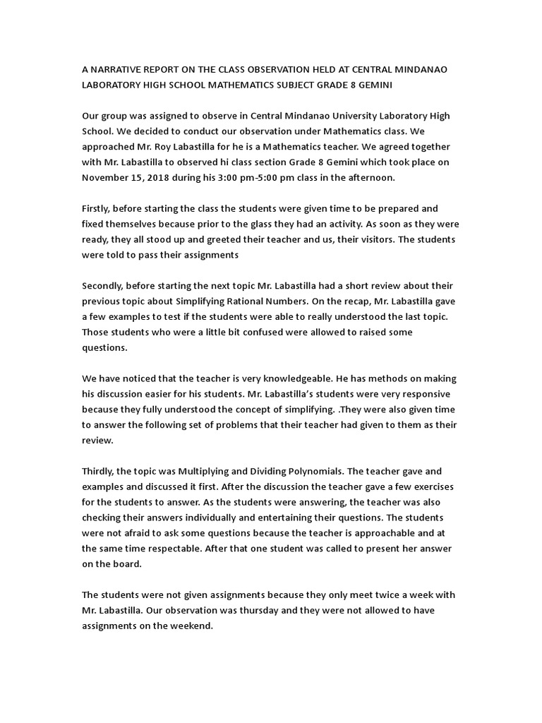 A Narrative Report On The Class Observation Held at Central Mindanao ...