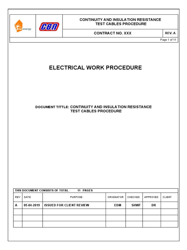 Continuity and Insulation Resistance Test Cables Procedure | PDF ...